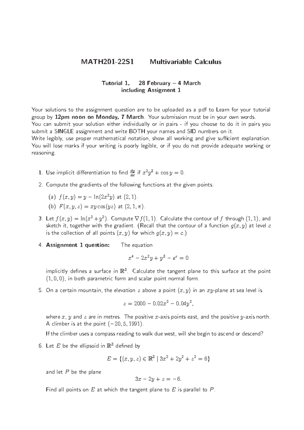 MATH201-22S1 Multivariable Calculus Tutorial Papers 2022 - Studocu