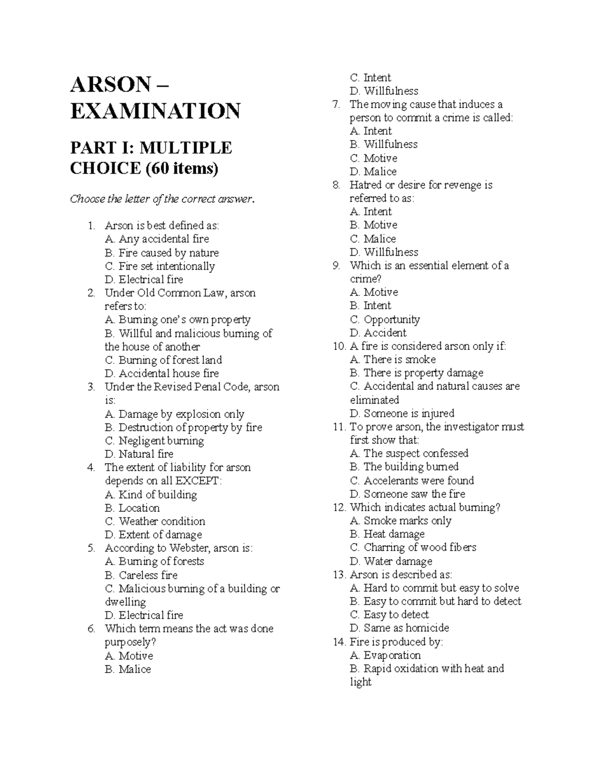 ARSON EXAMINATION PART I: MULTIPLE CHOICE PRACTICE (60 ITEMS) - Studocu