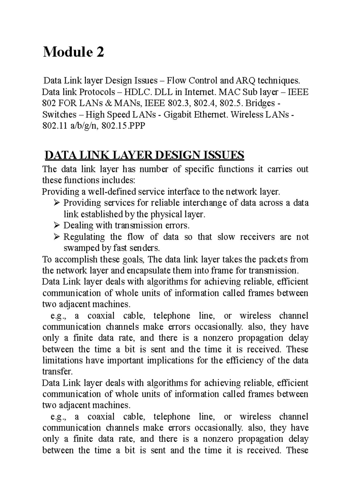Computer Network CN-201: Module 2 - Data Link Layer Overview - Studocu