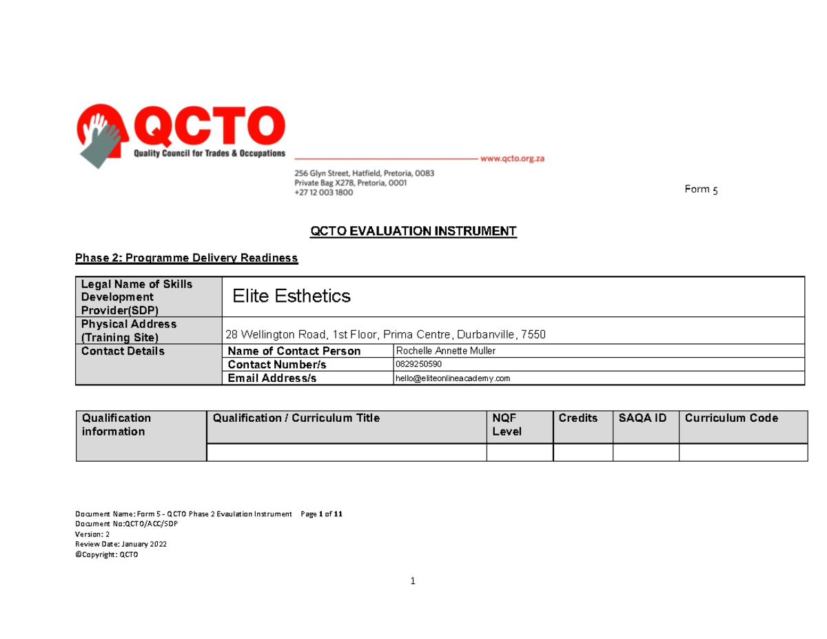 Form 5 Evaluation Tool For Programme Delivery Readiness Document Name Form 5 Qcto Phase 2