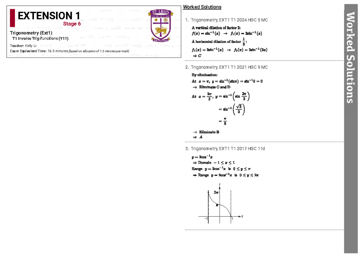 HSC 11 Inverse Trig Functions Solns - Trigonometry (Ext1) T1 Inverse ...
