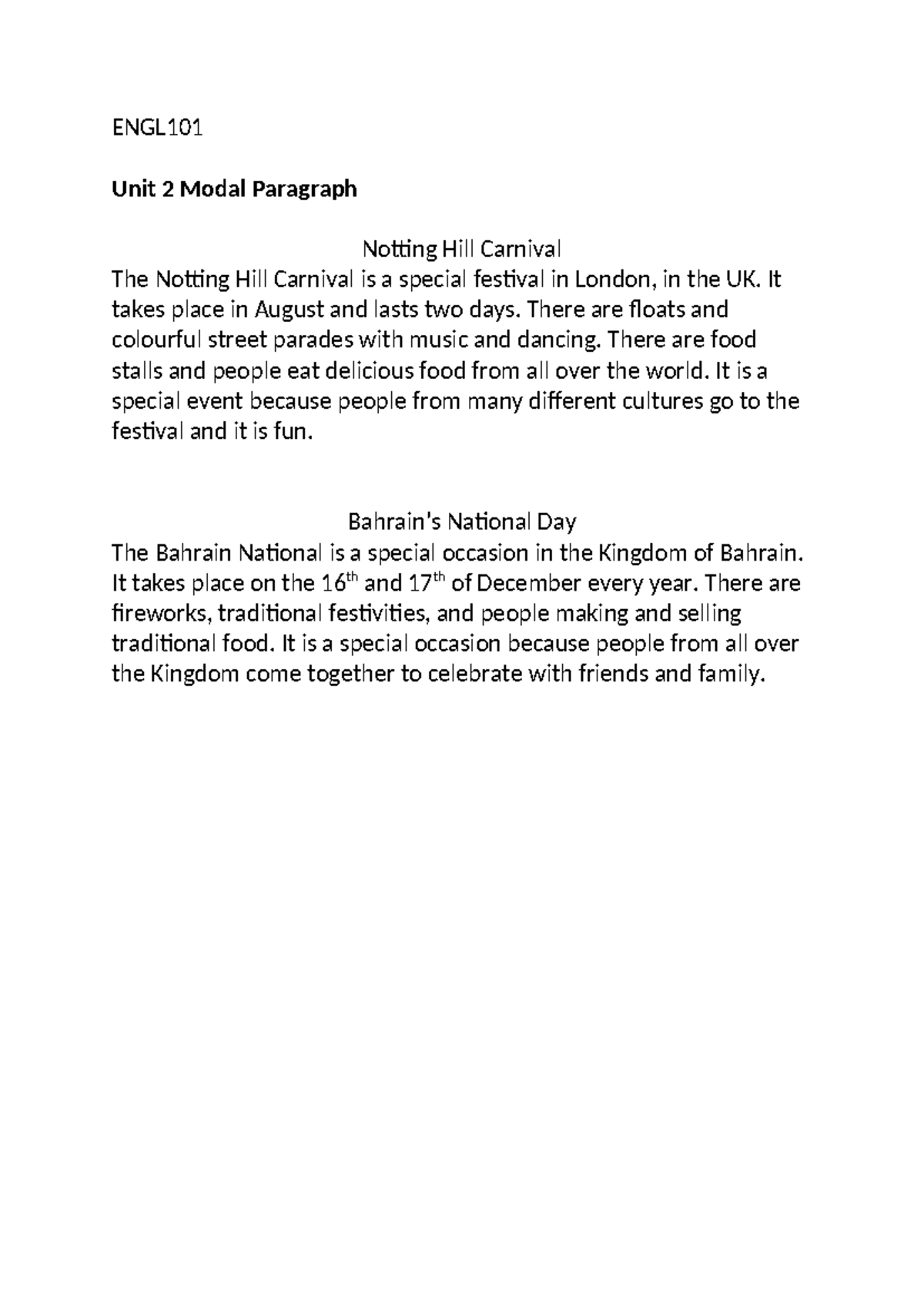 ENGL101 Unit 2 Modal Paragraph: Notting Hill & Bahrain Festivals - Studocu