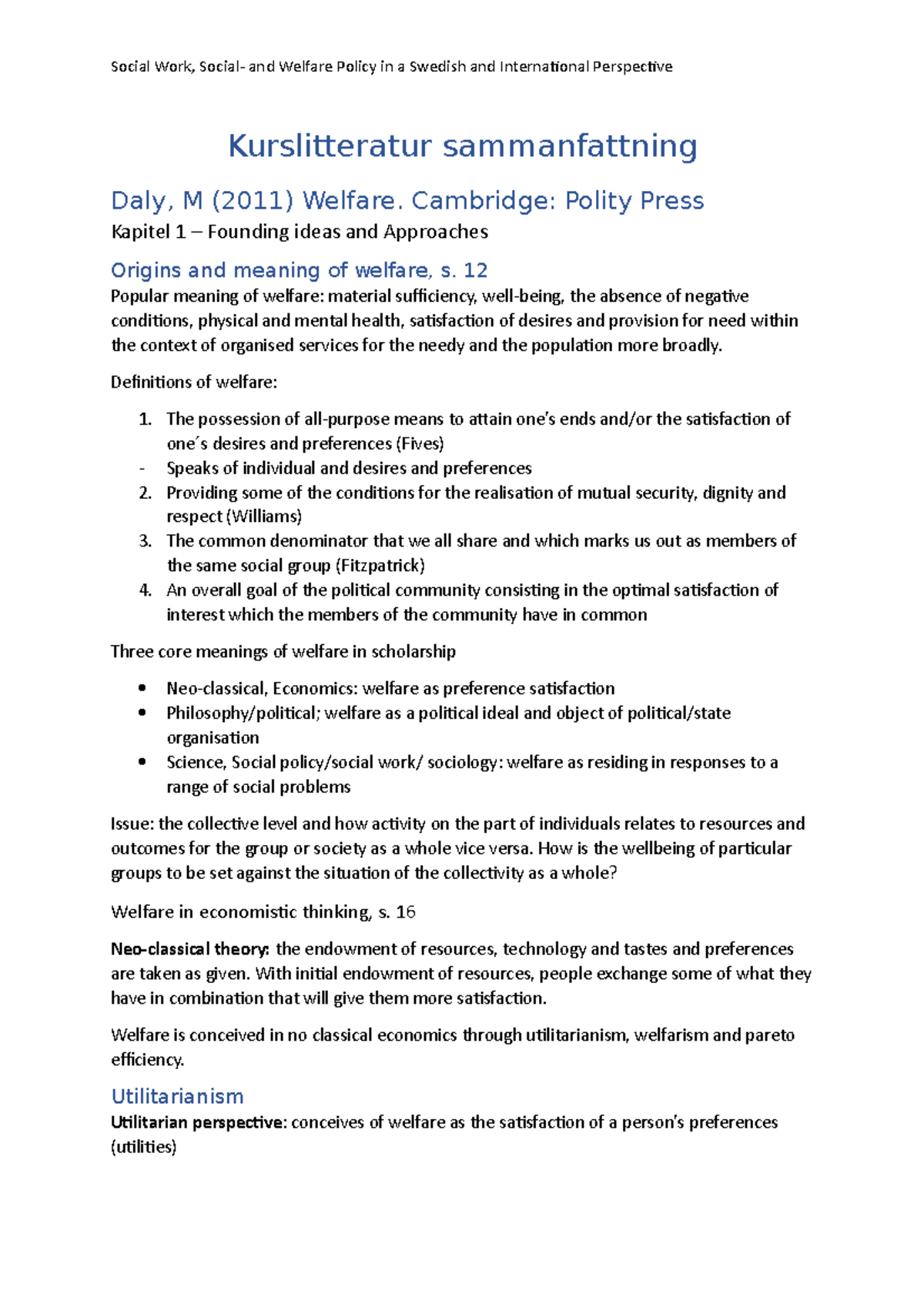 Kurslitteratur Sammanfattning: Welfare Theory and Concepts for SK502 ...