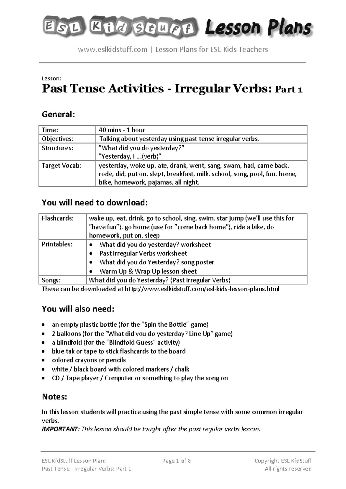 ESL 101: Lesson Plan on Past Tense Irregular Verbs (Part 1) - Studocu