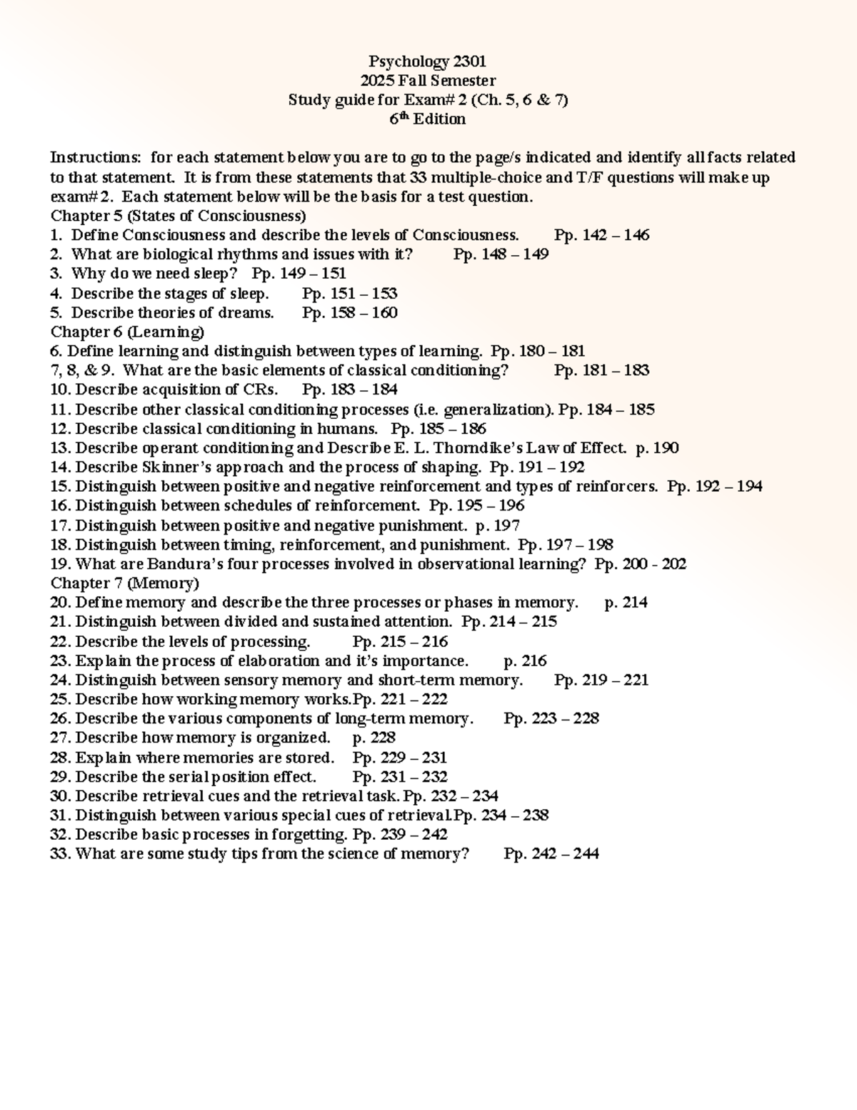 Psychology 2301 Study Guide for Exam #2: Ch. 5, 6 & 7 - Studocu