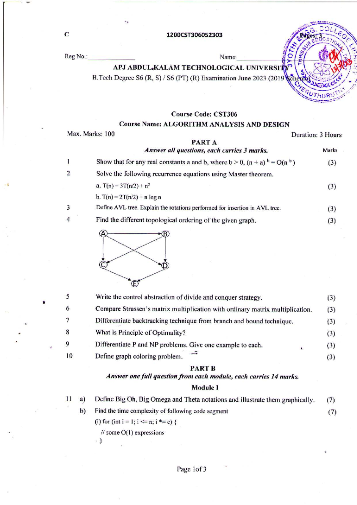 CST306 Algorithm Analysis AND Design, JUNE 2023 - C Reg No ...