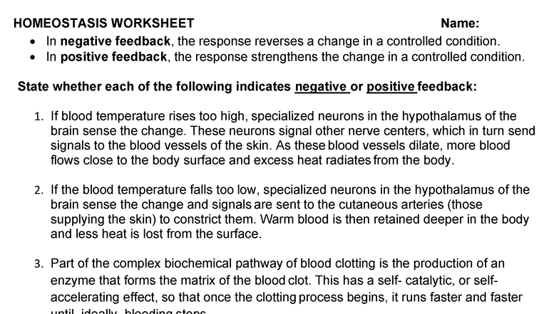 BIOL 101 - Homeostasis: Concepts of Negative & Positive Feedback - Studocu