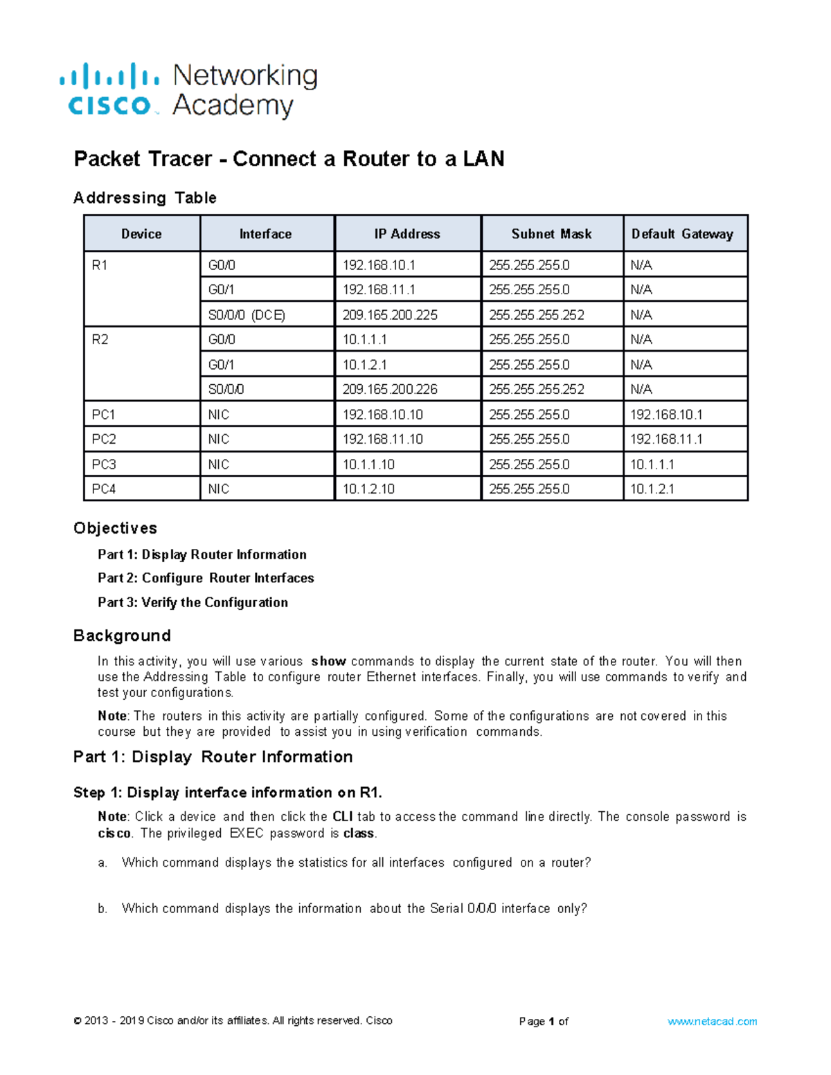 NWC 10: Packet Tracer - Connecting Router to LAN Configuration Guide ...