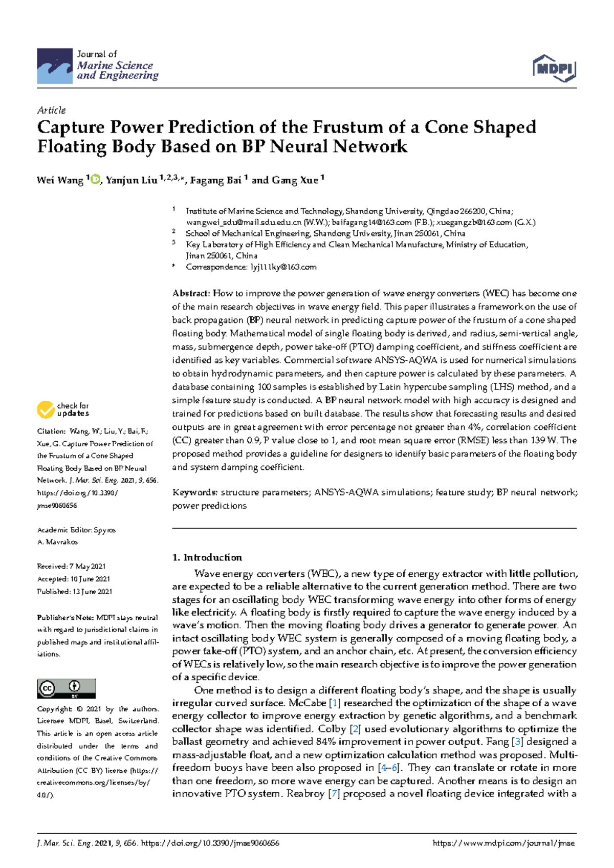 Capture Power Prediction of Cone-Shaped Floating Body Using BP Neural ...