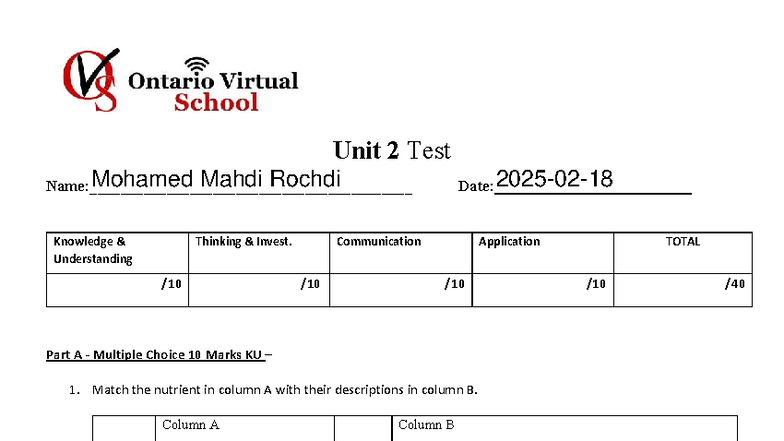 HFA4U Unit Test 2 - Nutritional Knowledge Assessment - Studocu