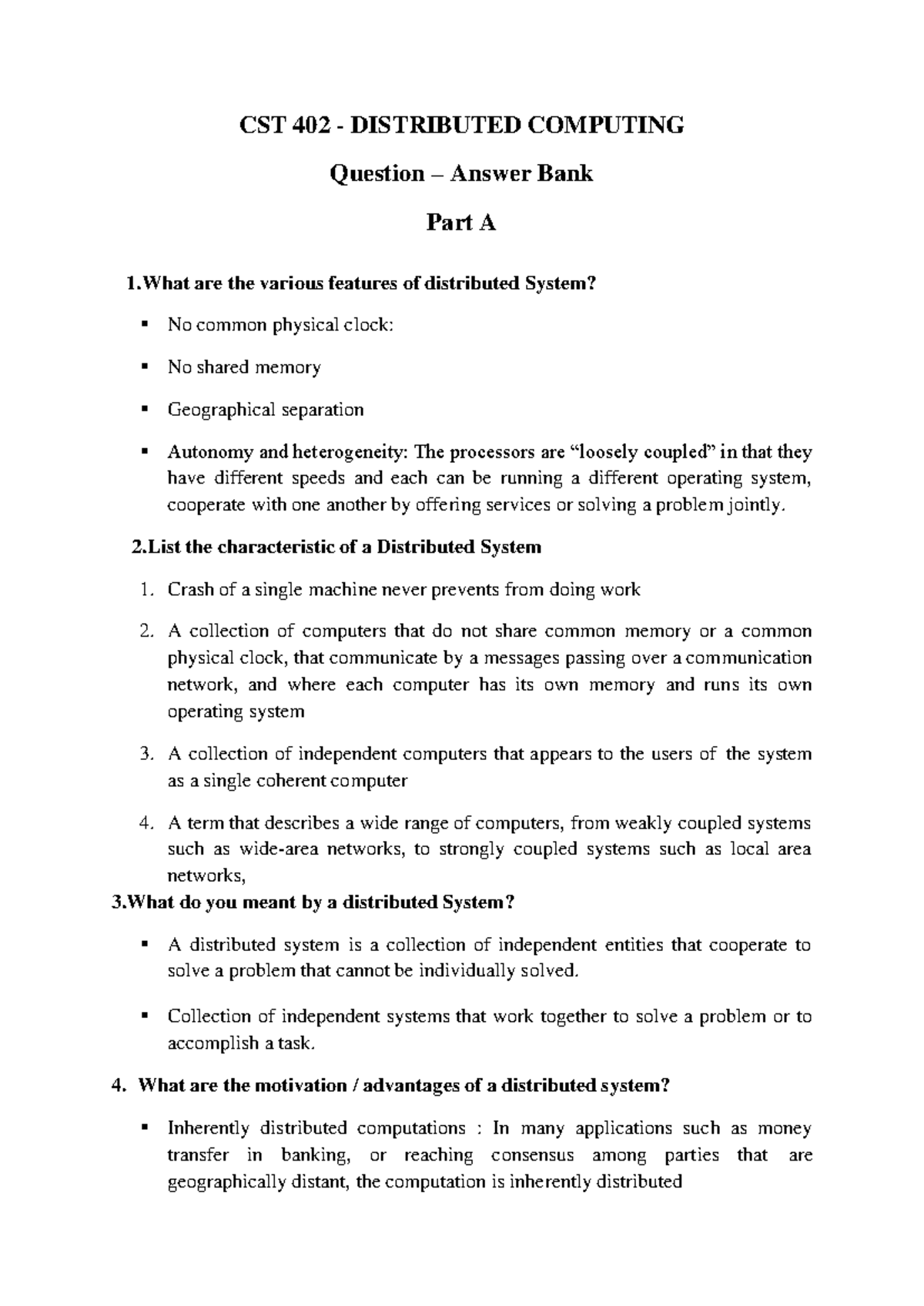 CST 402 DISTRIBUTED COMPUTING Question Answer Bank - Part A - Studocu