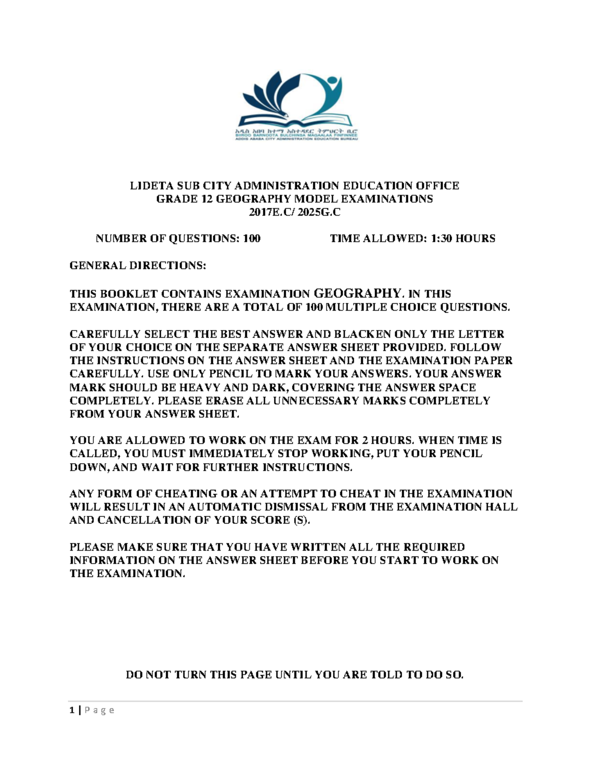 LIDETA SUB CITY GRADE 12 GEOGRAPHY MODEL EXAM 2025 G.C. - Studocu