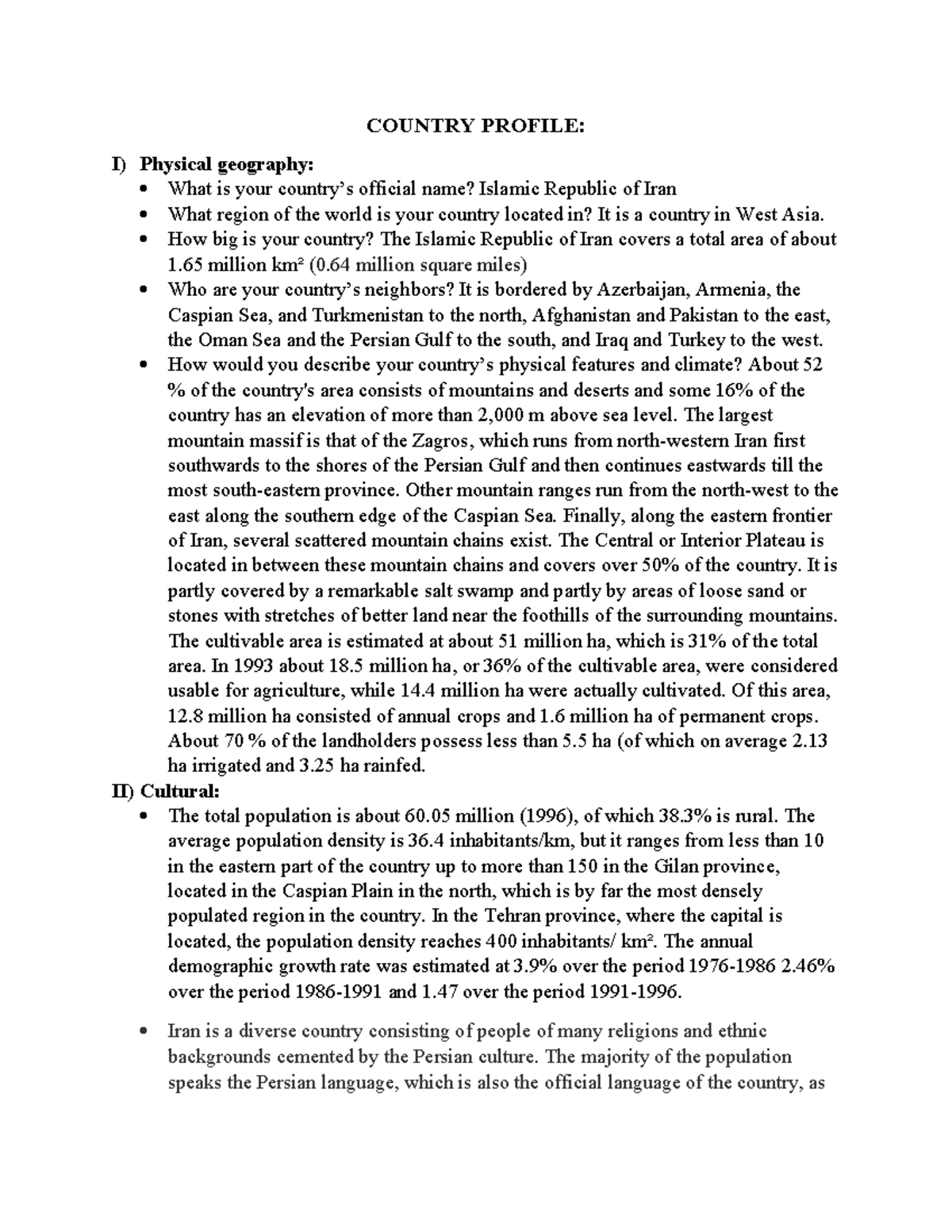 COUNTRY PROFILE: Islamic Republic of Iran - Geography & Culture - Studocu