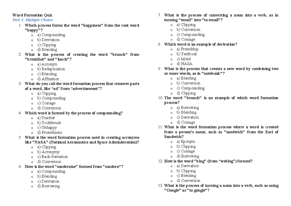 Word Formation Quiz - ENGL 101 Review Worksheet - Studocu