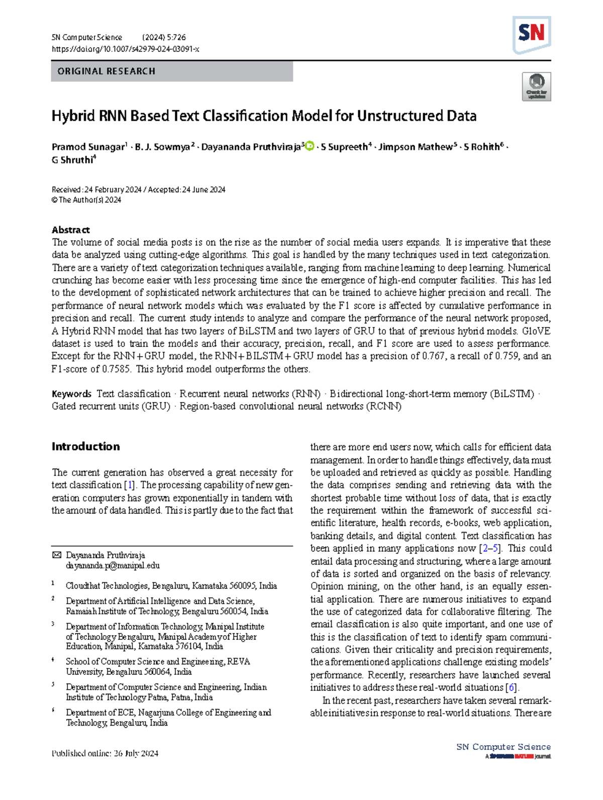 Hybrid RNN Model for Text Classification in Unstructured Data (SN CS ...
