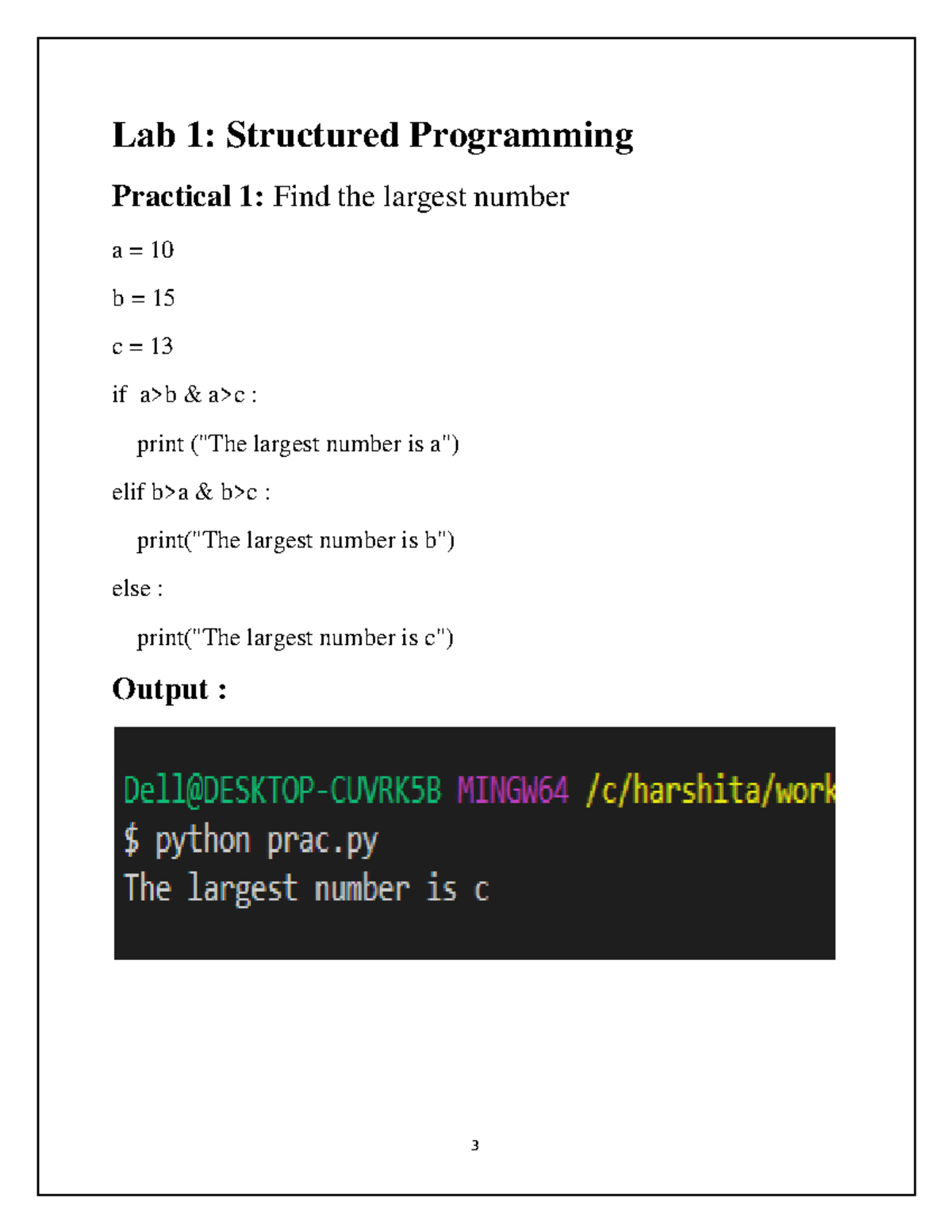 APP Lab - app lab manual - Lab 1: Structured Programming Practical 1: Find the largest number a ...