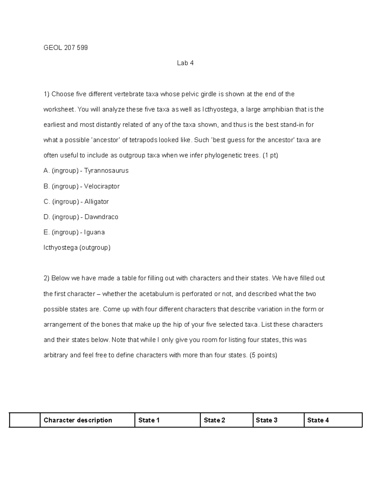 Lab 4 vertebrate taxa - GEOL 207 599 Lab 4 Choose five different ...