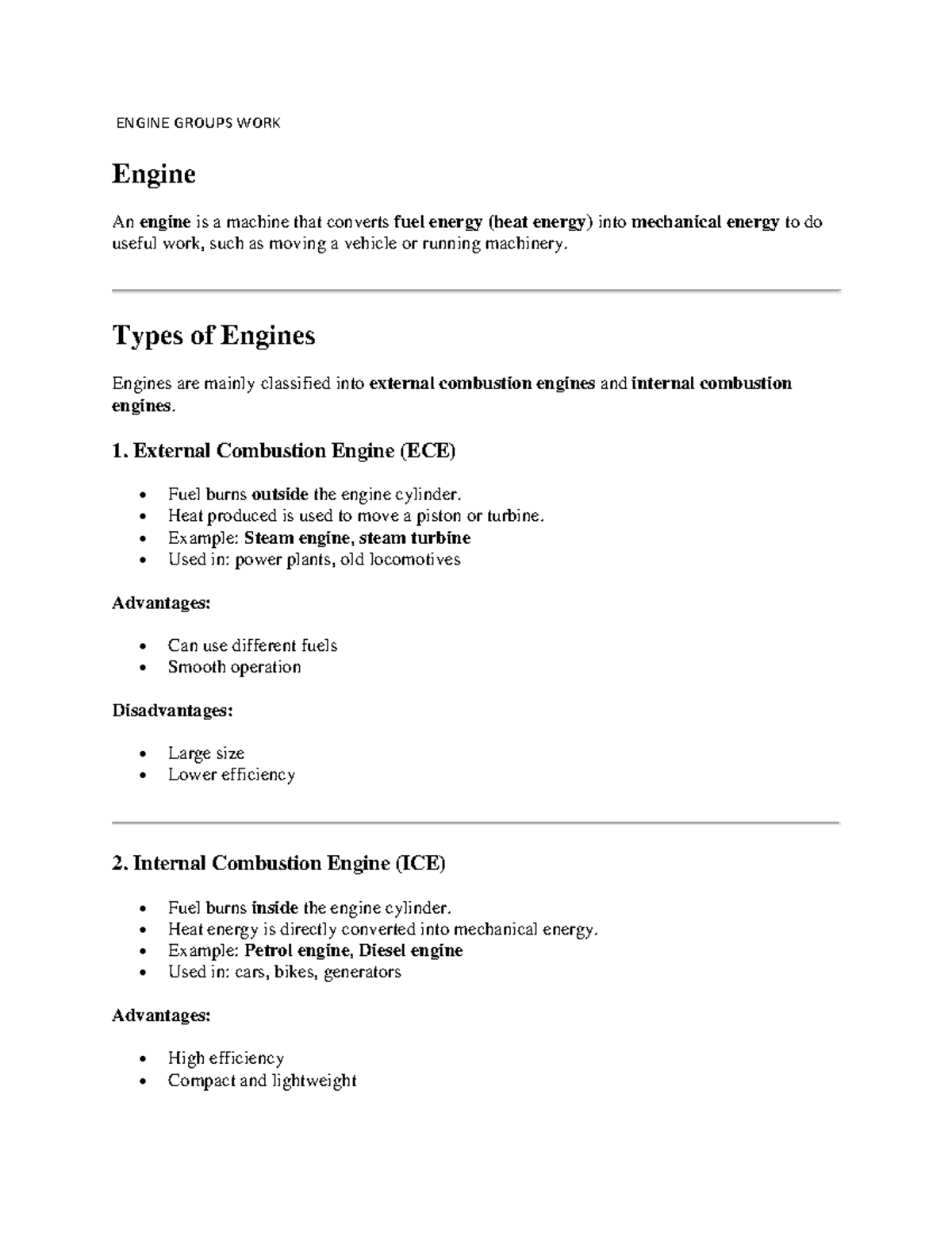 ENGINE GROUPS WORK: Types and Features of Engines - Studocu