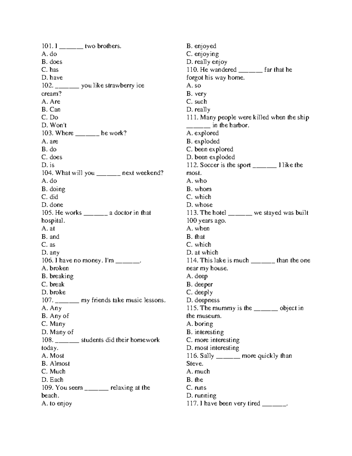 Reading Test 2: English Grammar Exercises (101-150) - Studocu
