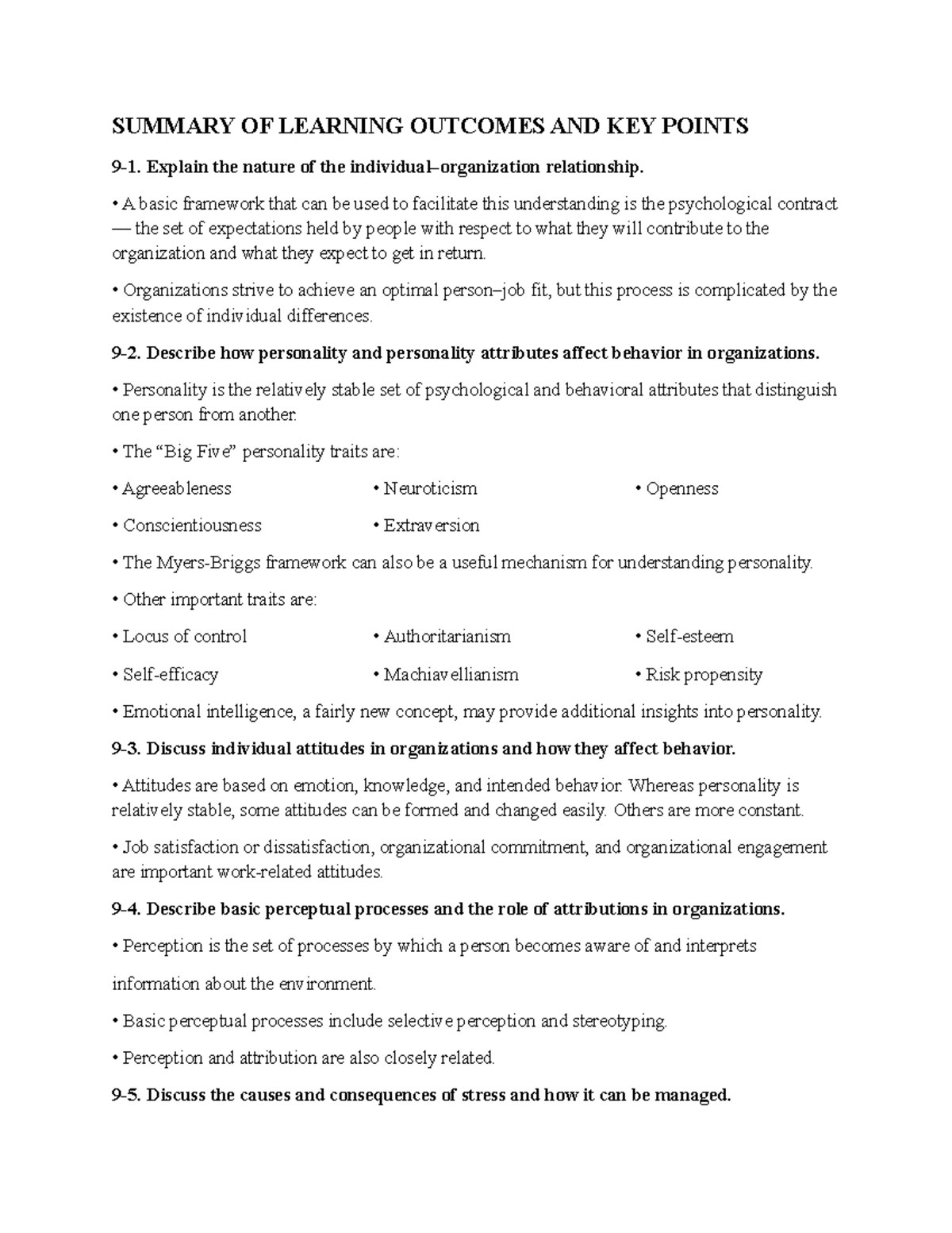 POM 9 - Summary of Learning Outcomes in Organizational Behavior - Studocu