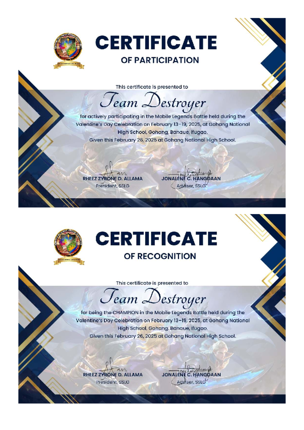 Mobile Legends Battle Participation Certificate - Gohang National High ...