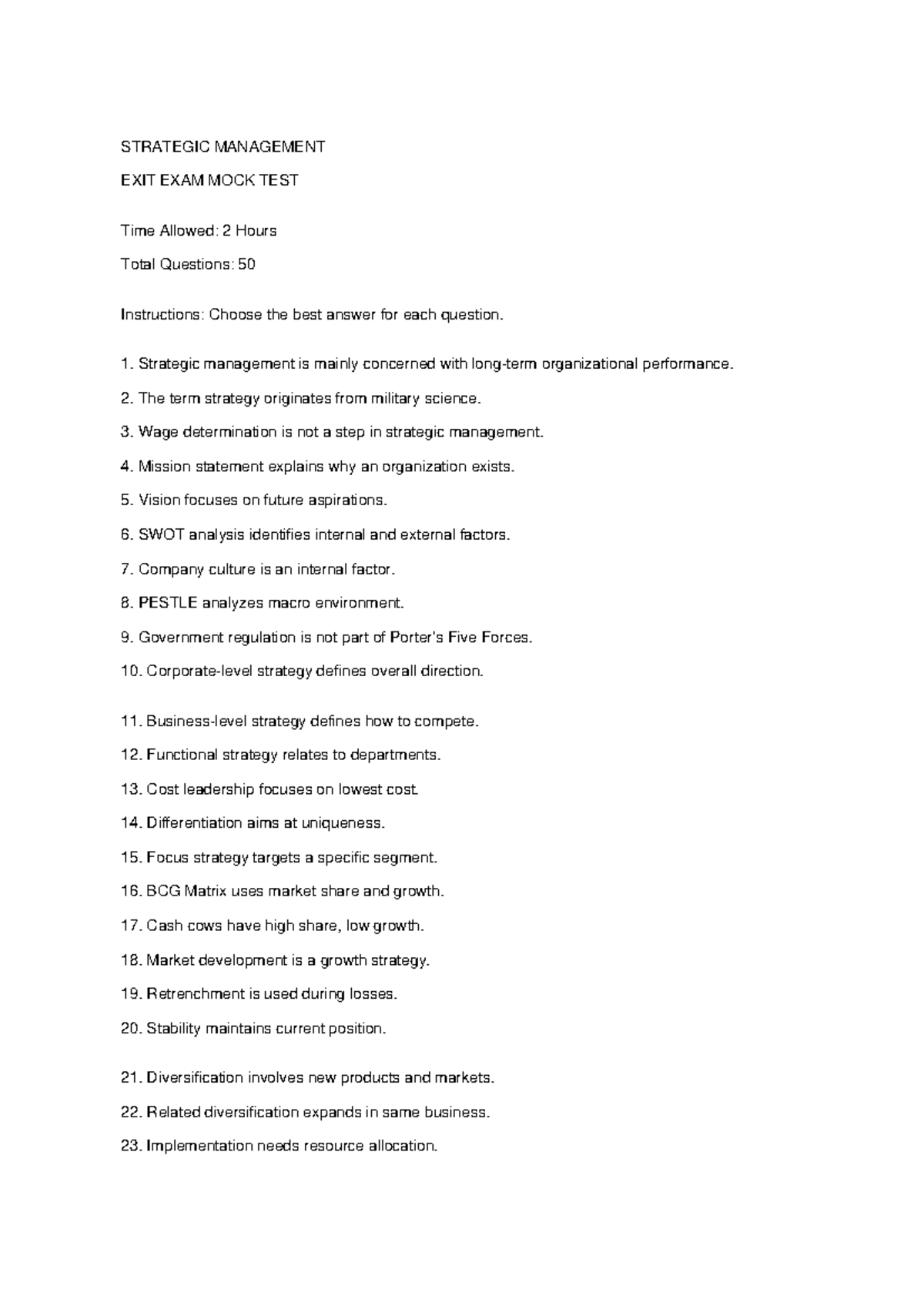 STRATEGIC MANAGEMENT (SM 101) EXIT EXAM MOCK TEST - Studocu