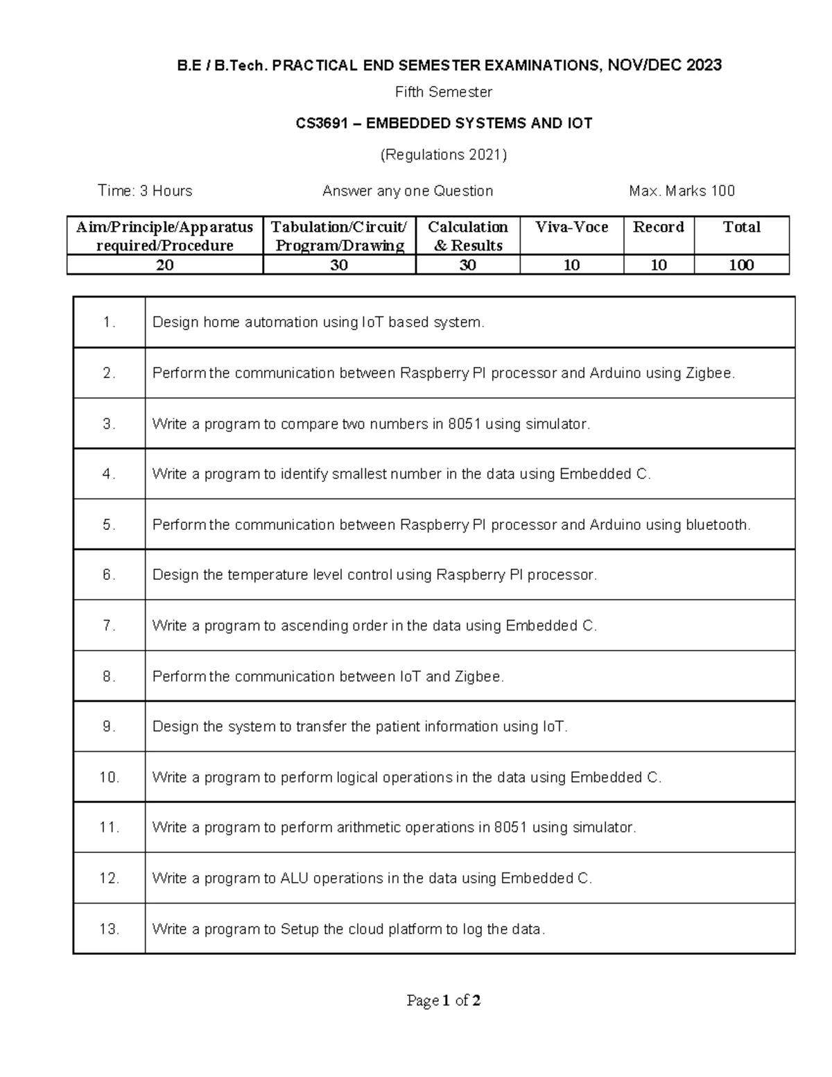 CS3691 - Degree Exam QP: Embedded Systems & IoT, Nov 2024 - Studocu