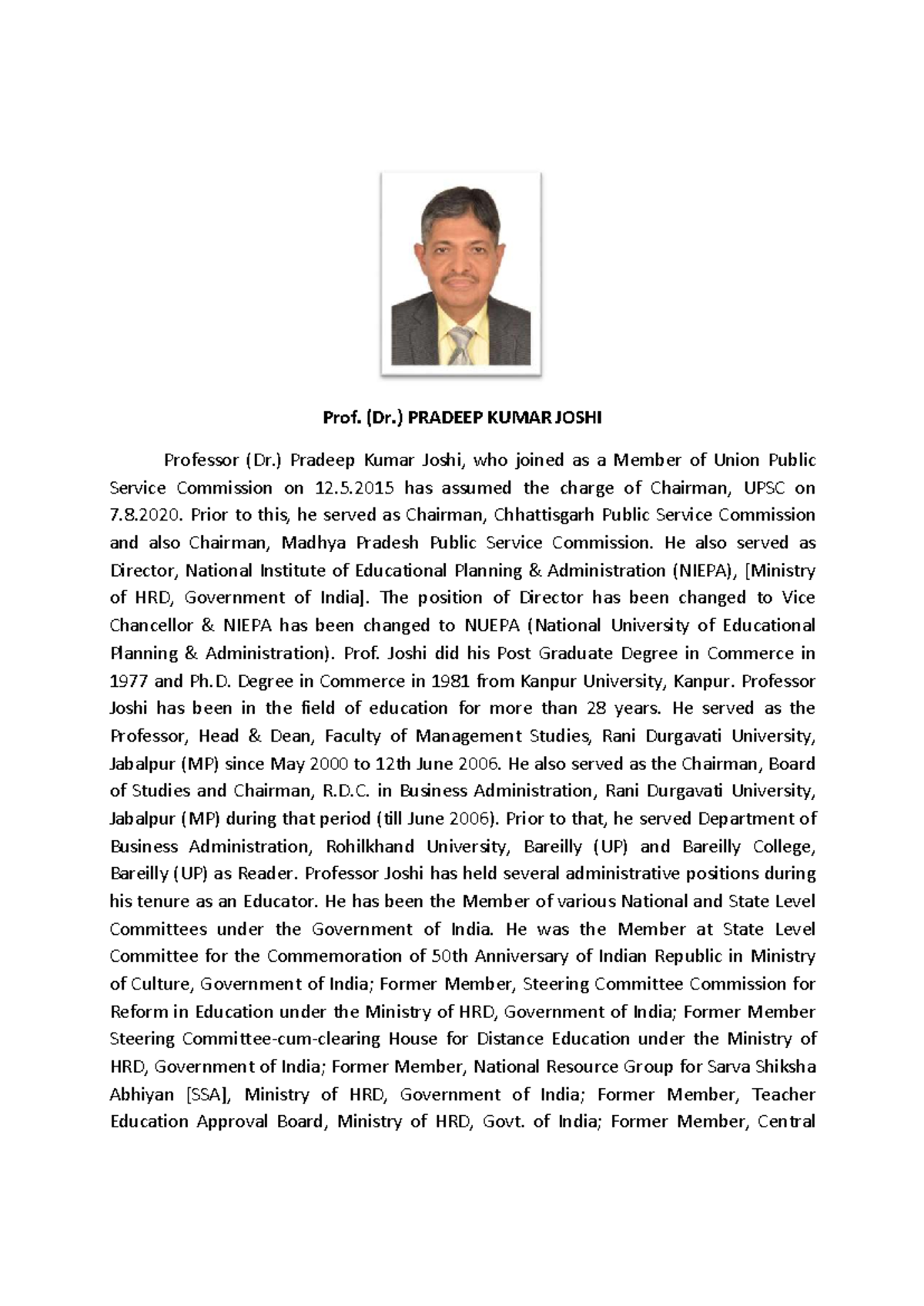 Profile of Prof. (Dr.) PRADEEP KUMAR JOSHI - UPSC Chairman - Studocu