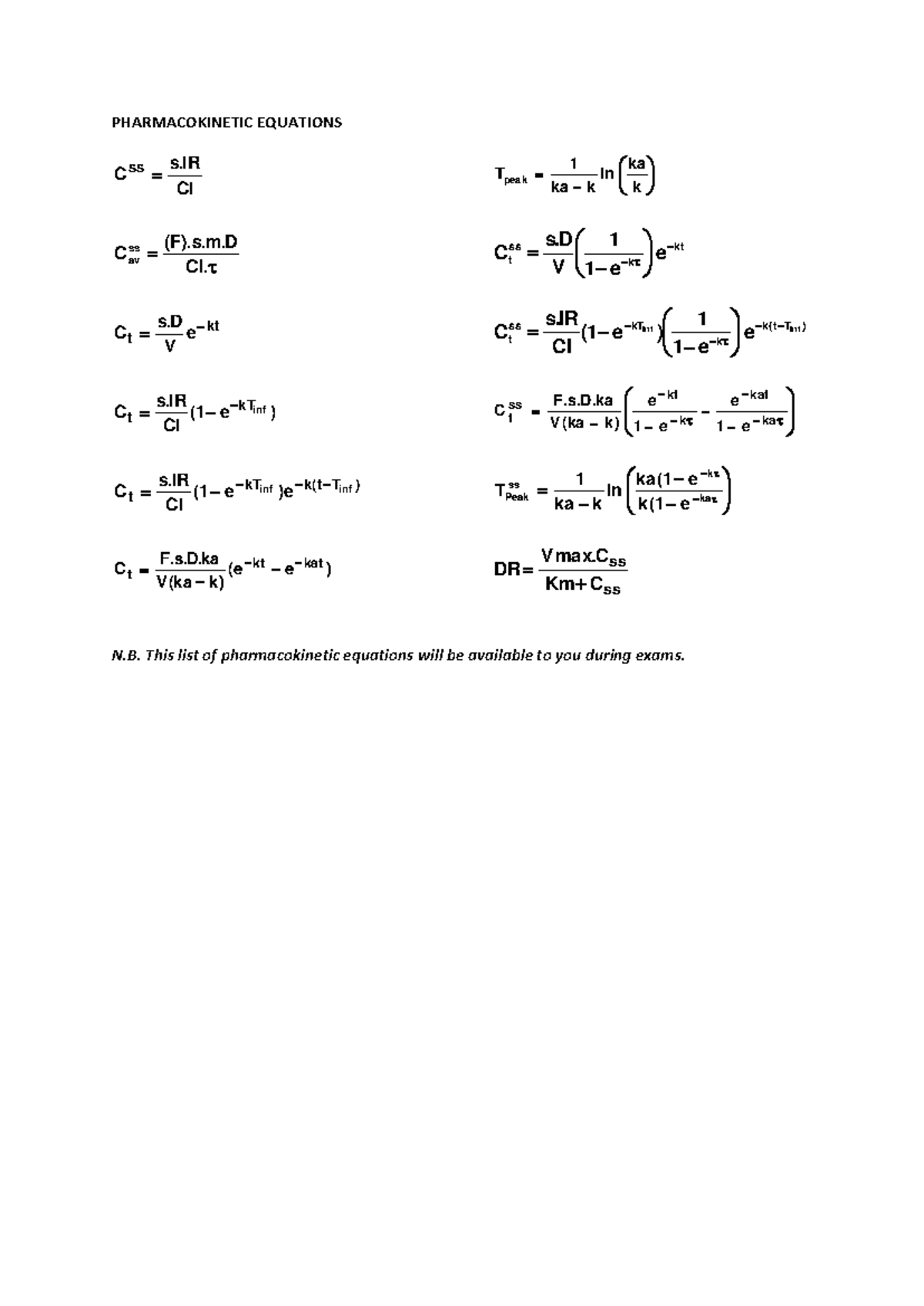 Pharmacokinetic Equations for Exams - Studocu