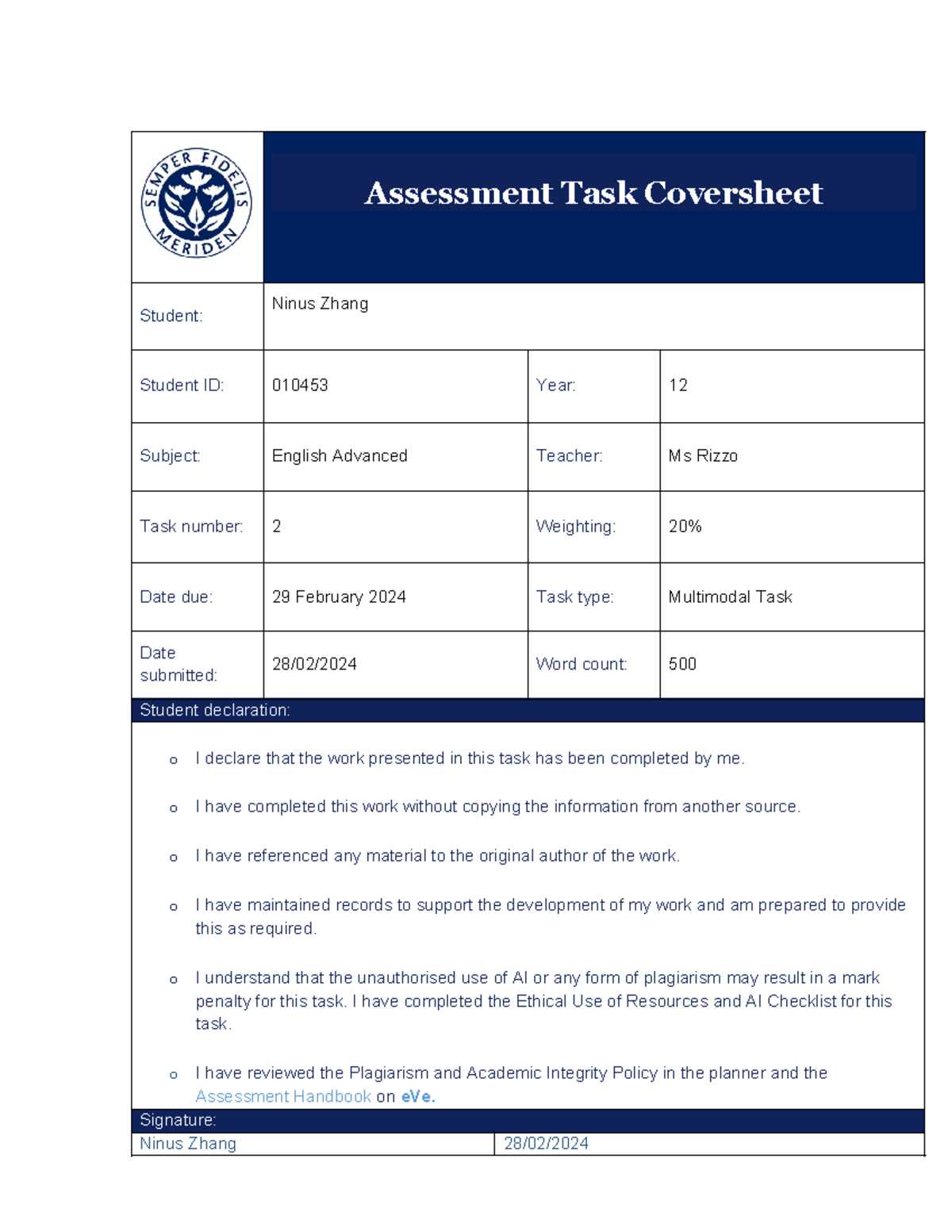 English Advanced Multimodal Assessment Task 2 - Meriden 2024 - Studocu