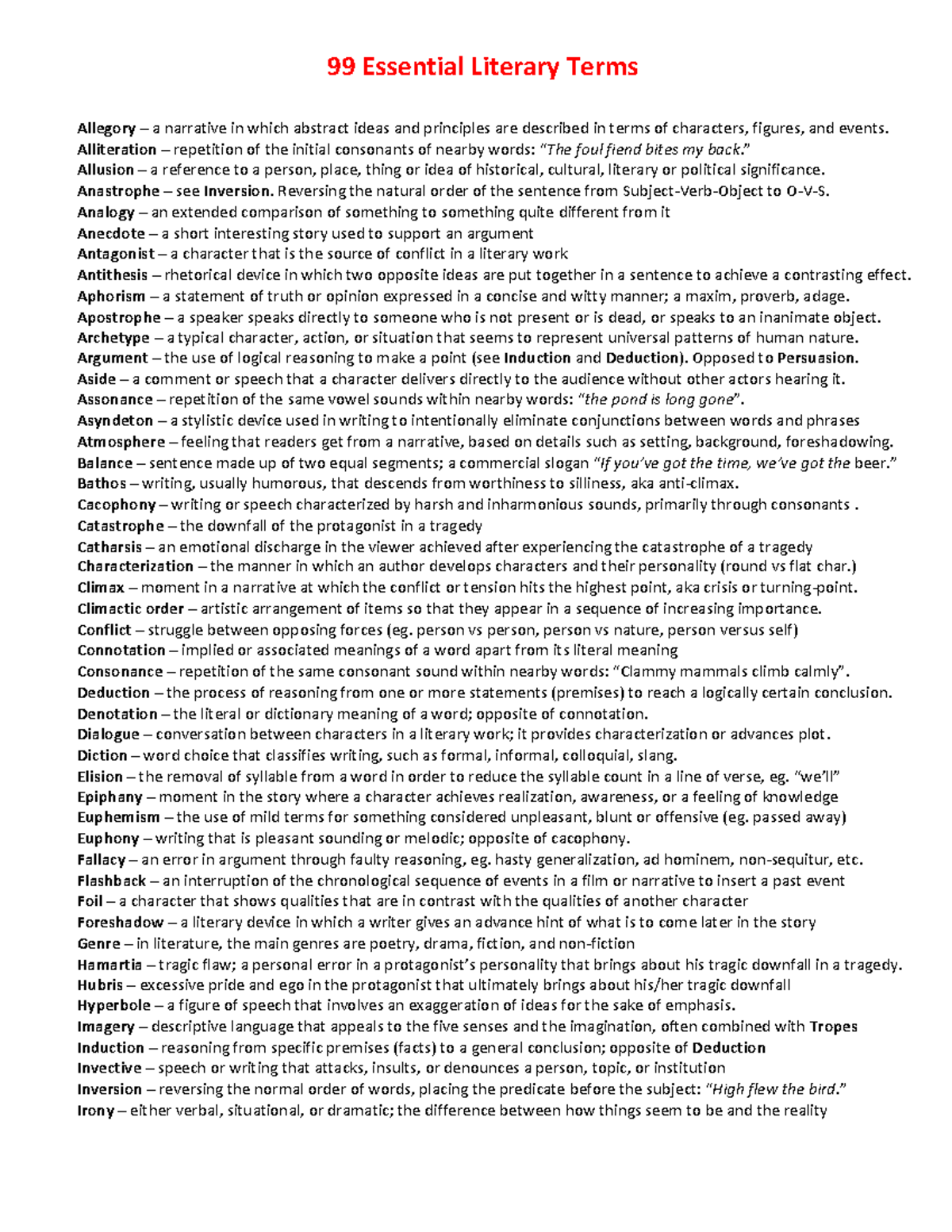 99 essential literary terms - 99 Essential Literary Terms Allegory – a ...