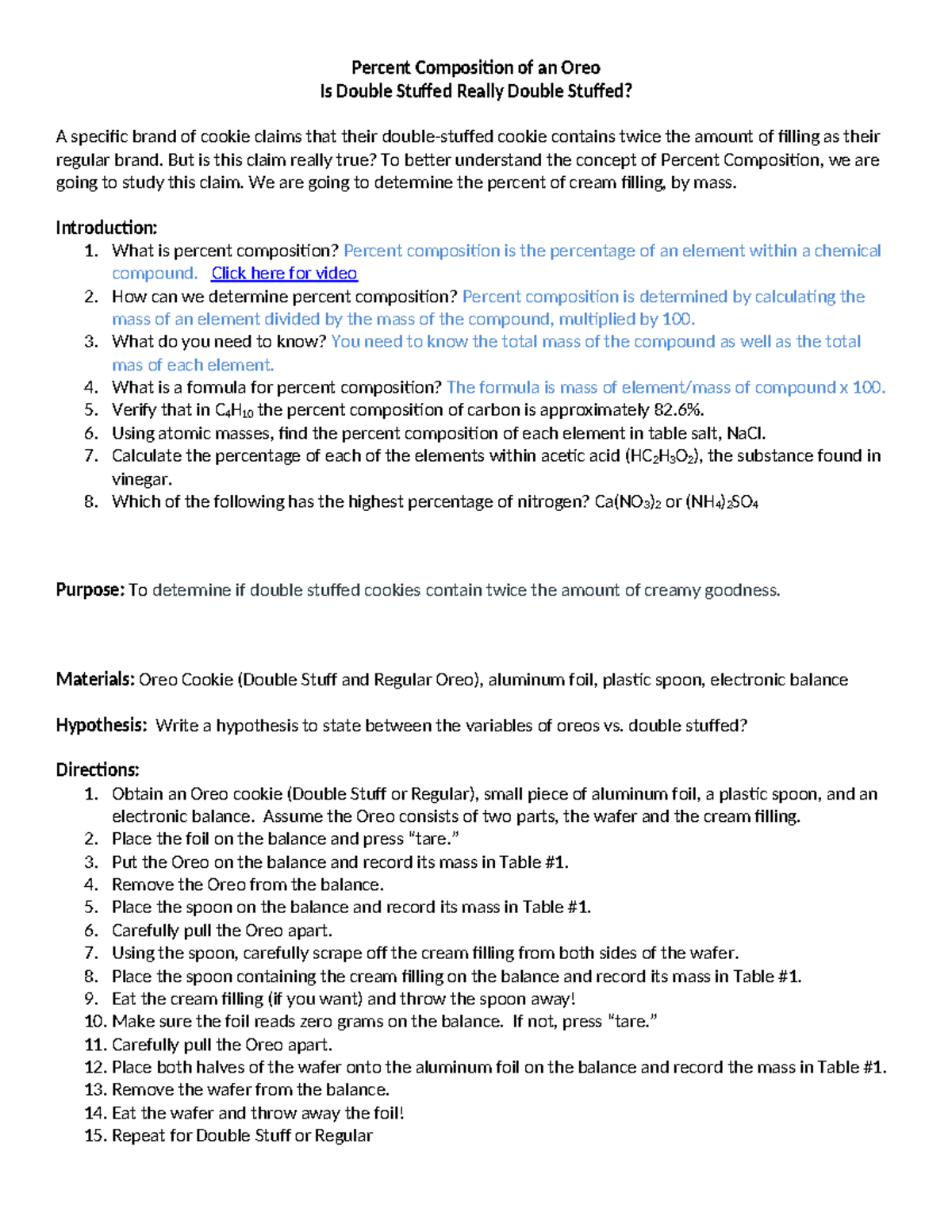 2024 - Percent Composition Analysis of Oreo Cookies: Double Stuffed vs ...