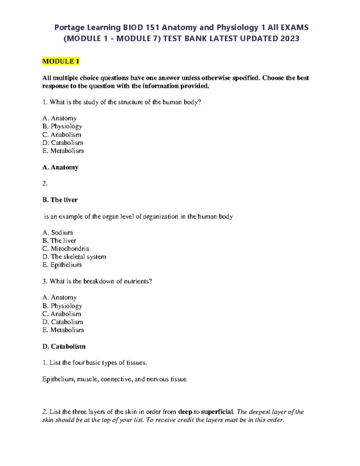 Portage Learning BIOD 151 Anatomy & Physiology 1 All Modules TEST BANK ... Portage Learning BIOD 151 Anatomy & Physiology 1 All Modules TEST BANK ...