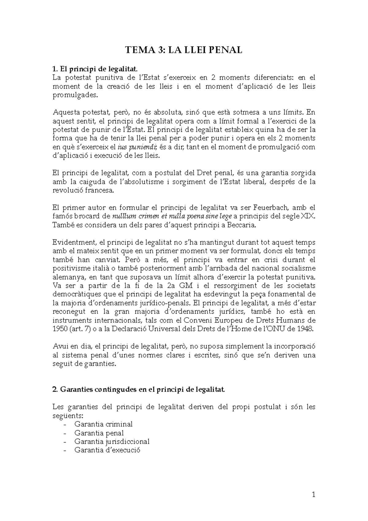 TEMA 3: El Principi de Legalitat en el Dret Penal - Studocu