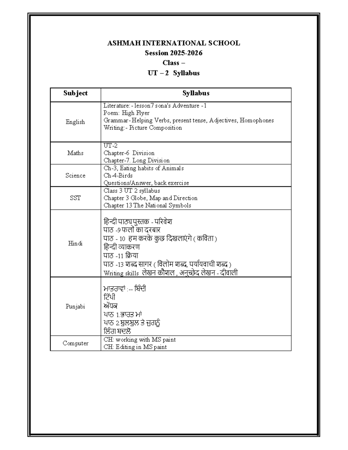 Syllabus 01 - ASHMAH INTERNATIONAL SCHOOL Session 2025- Class – UT – 2 ...