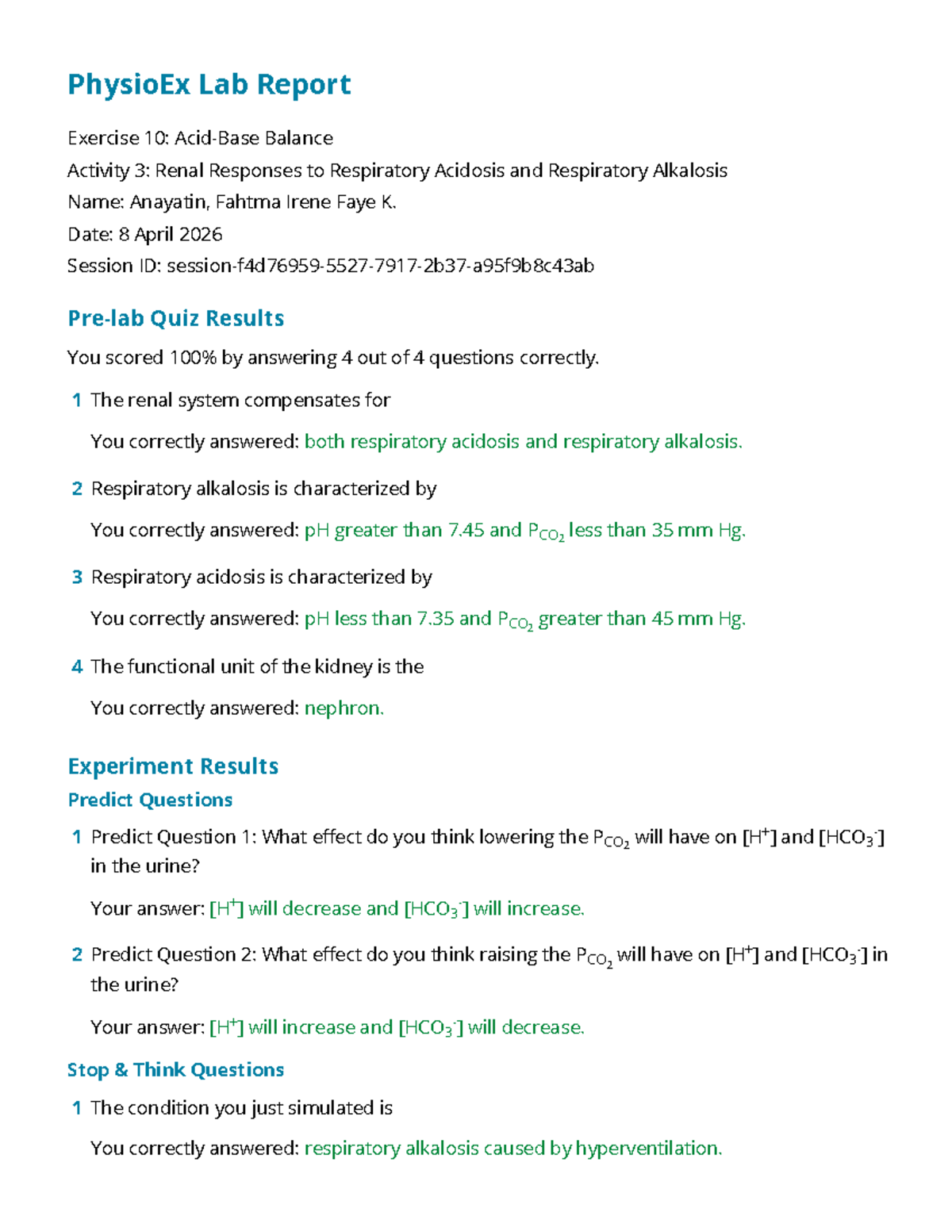 PhysioEx Lab Report: Exercise 10 - Renal Responses to Acid-Base Balance ...