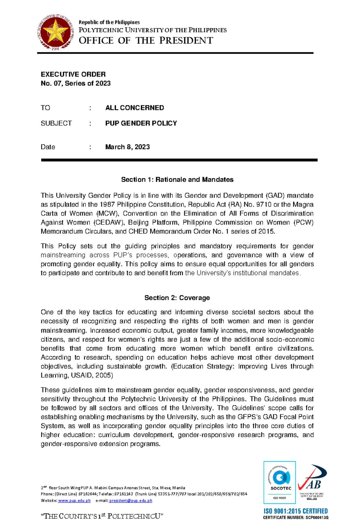 Executive Order No. 07: PUP Gender Policy Guidelines - Studocu