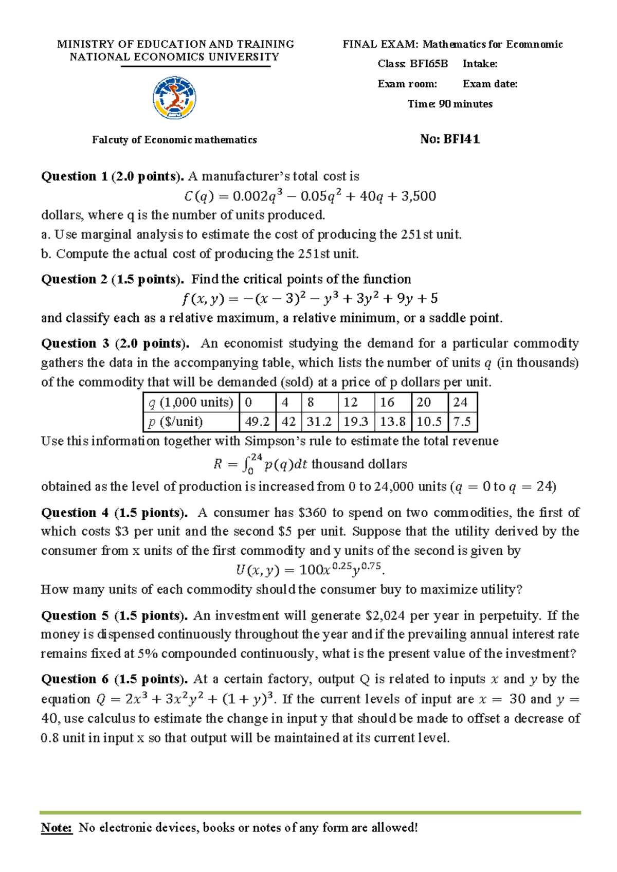 Final Exam Study Guide for BFI 6 5B - Economic Mathematics - Studocu