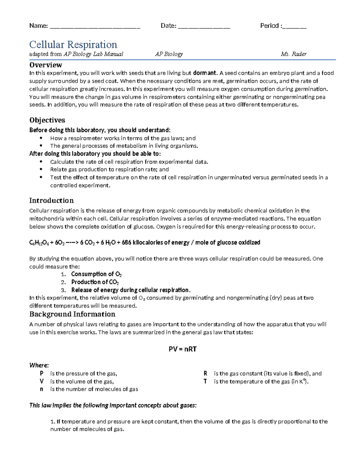 AP Biology Lab: Cellular Respiration in Pea Seeds (2024-2025) - Studocu
