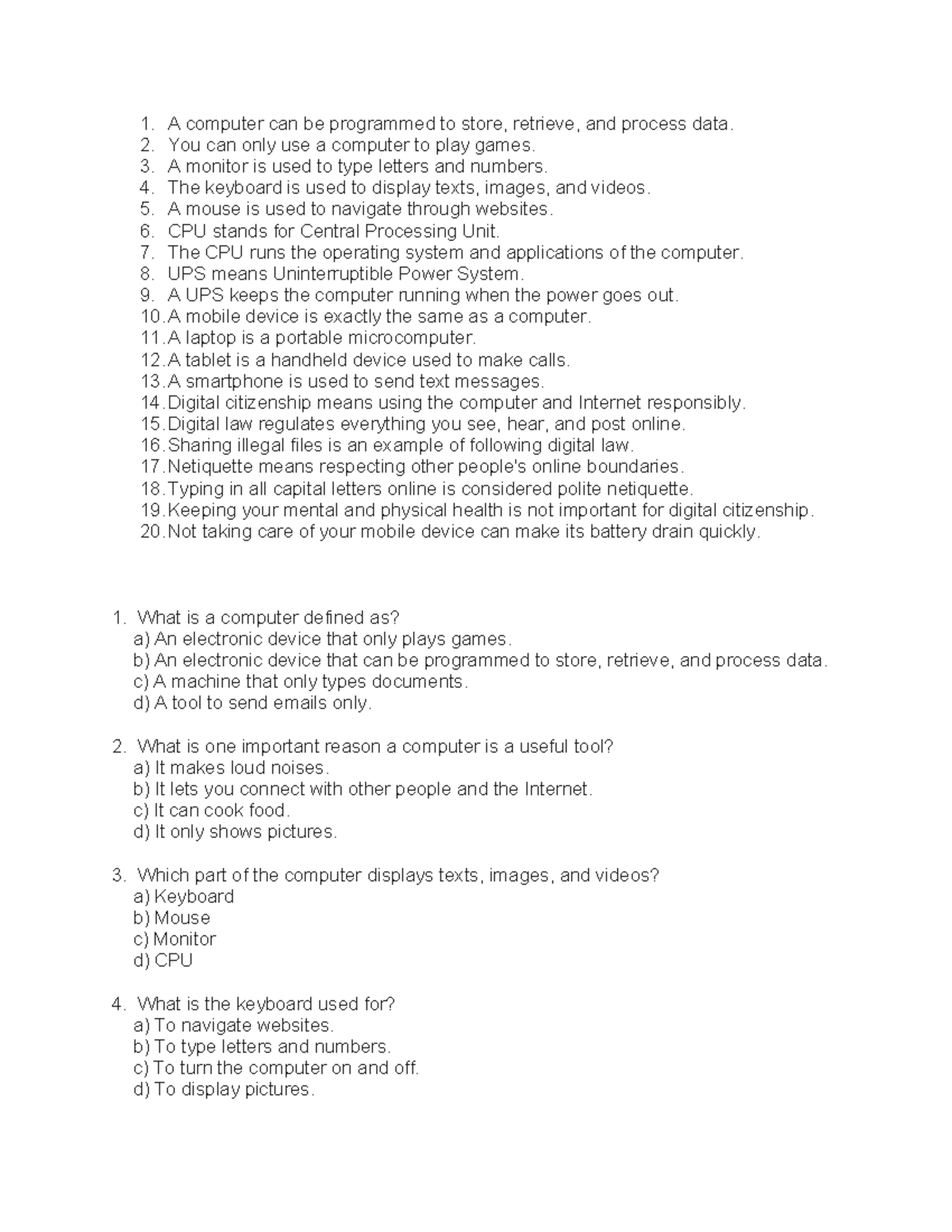 Computer Basics and Digital Citizenship Quiz (CS101) - Studocu