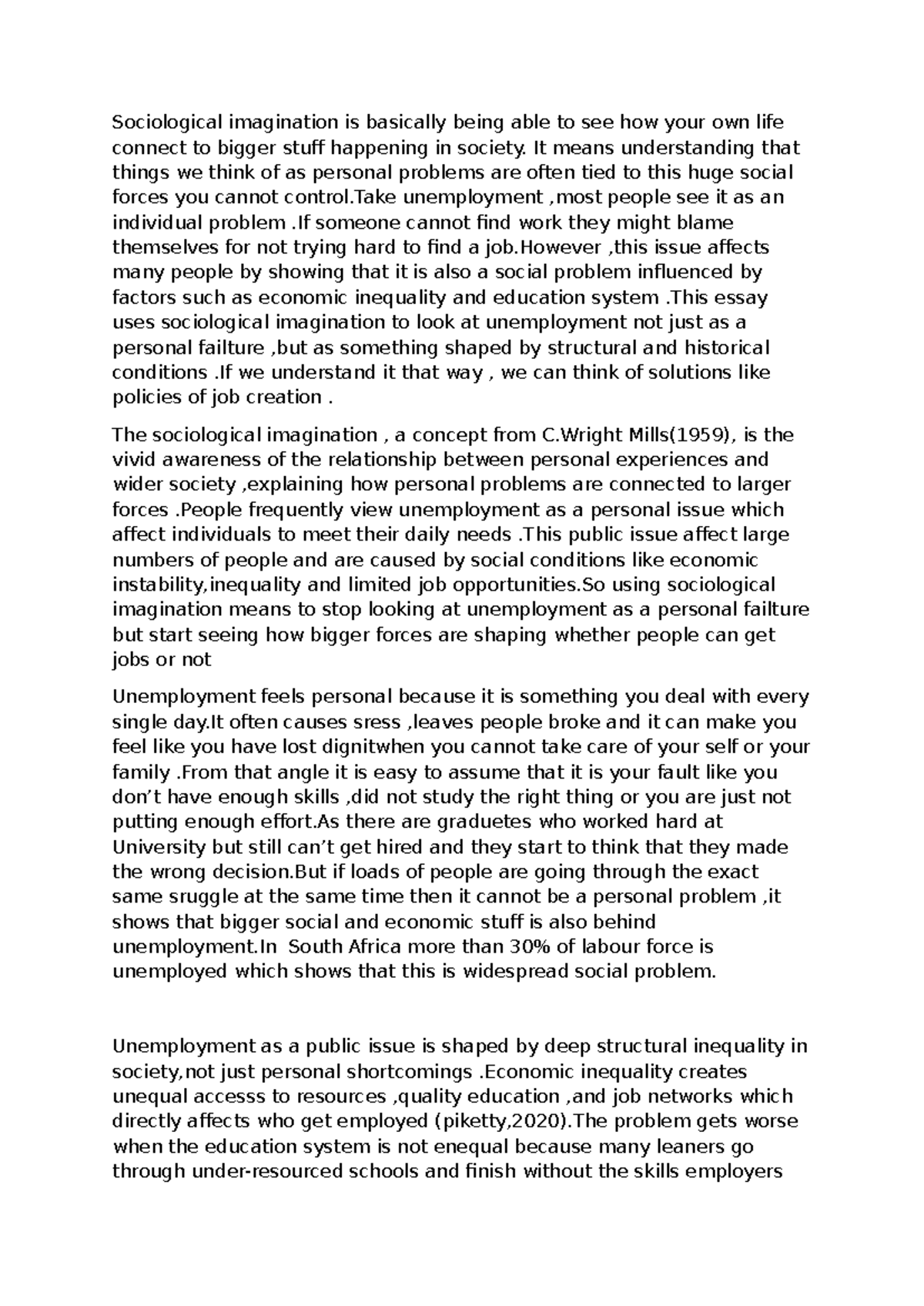 Sociological Imagination and Unemployment: A Structural Analysis Essay ...