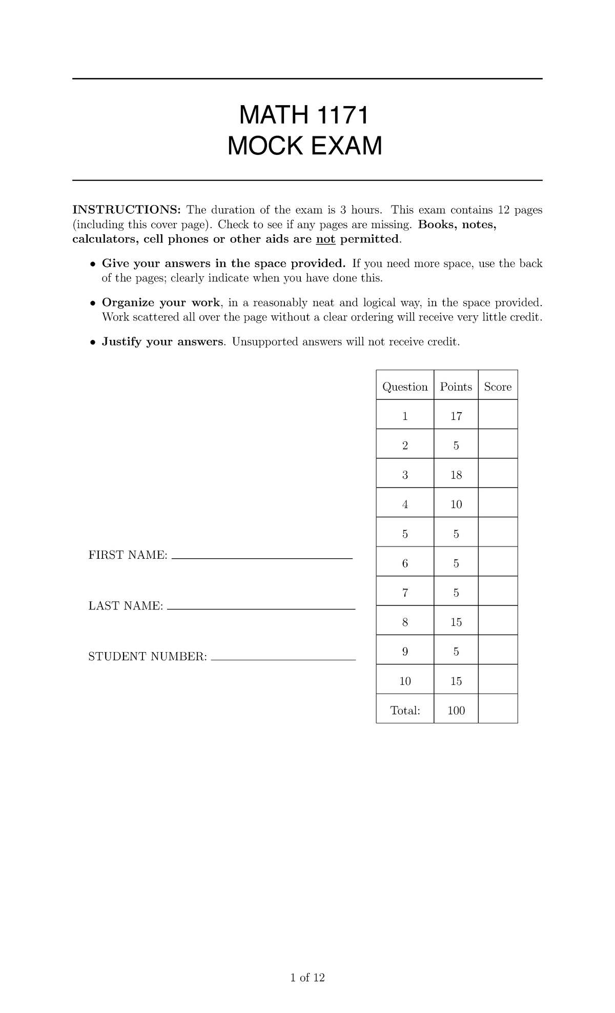 1171 Mock Exam - yes - Final Examination MATH-1171-FA: Calculus I ...