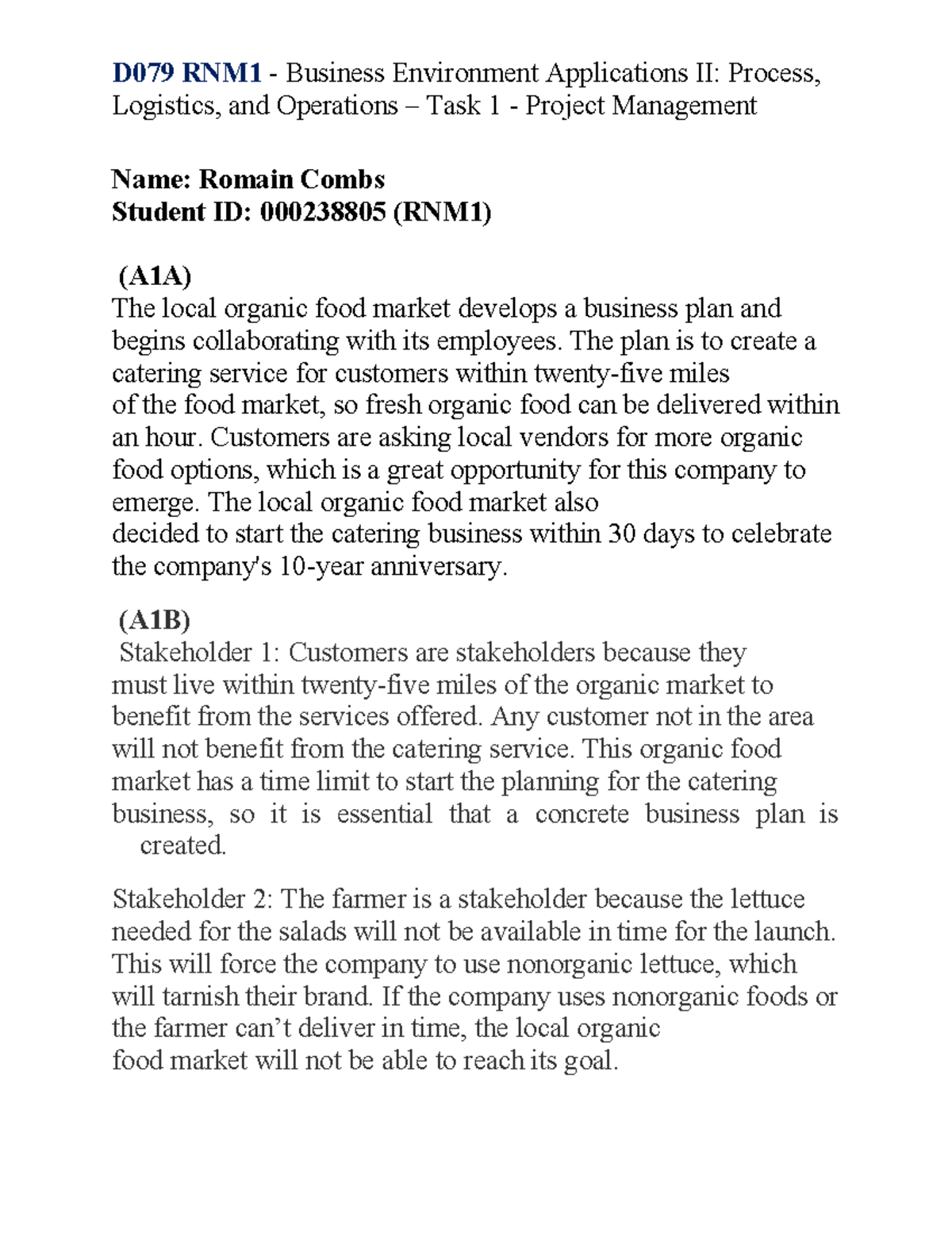 D079 RNM1 Business Environment: Catering Service Project Management ...