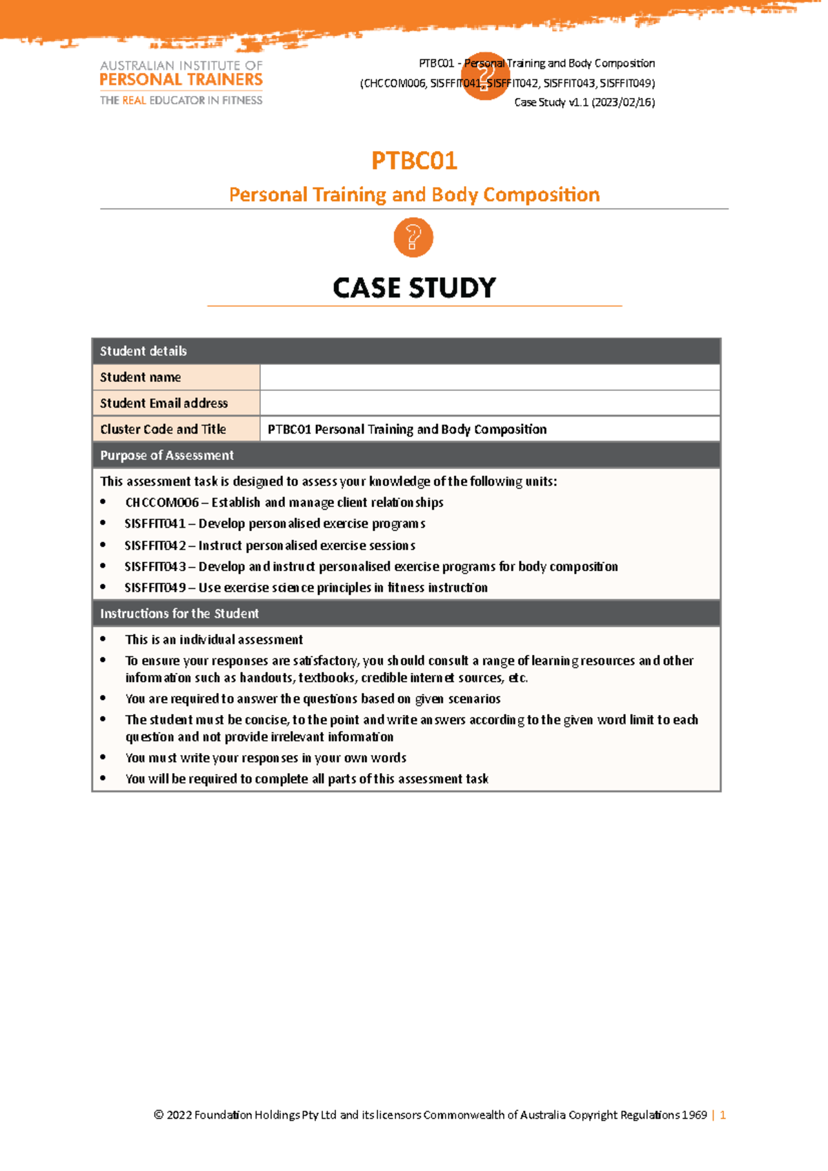 PTBC01 - Key Concepts & Scenarios in Personal Training Case Study - Studocu