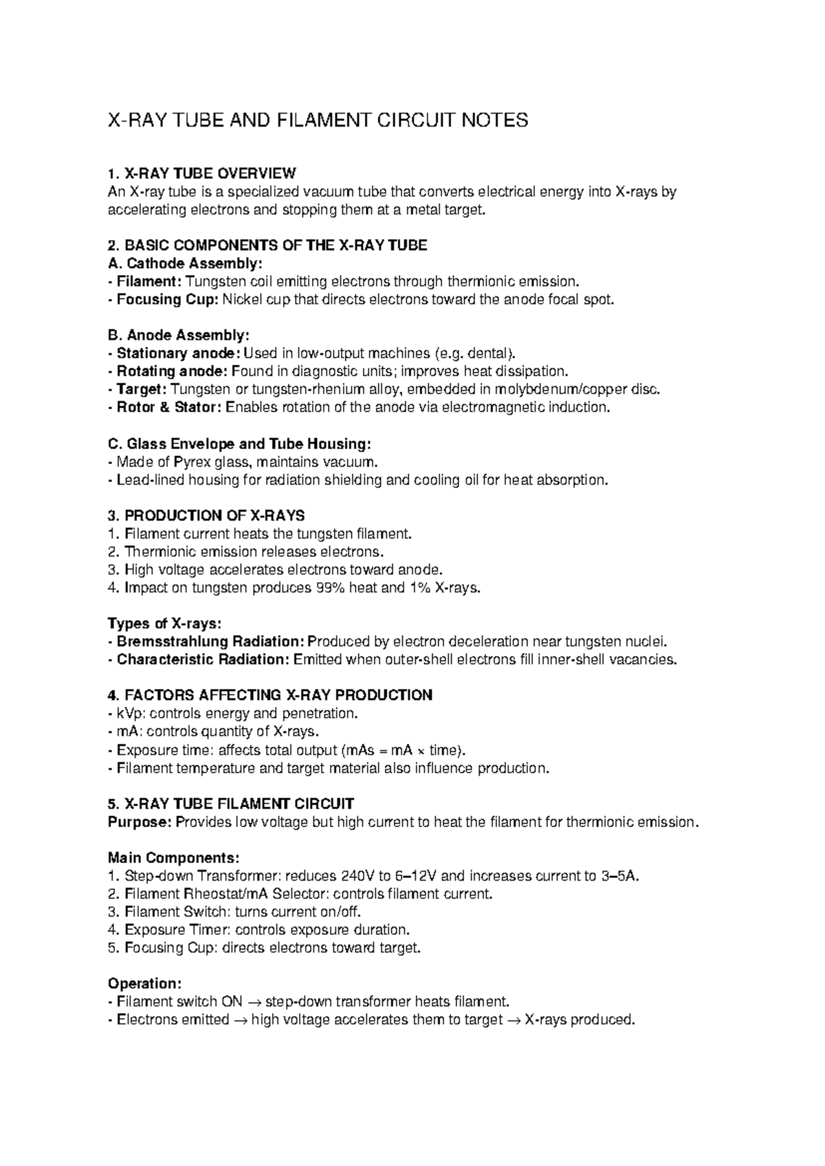 XRY 101: X-ray Tube and Filament Circuit Notes - Studocu