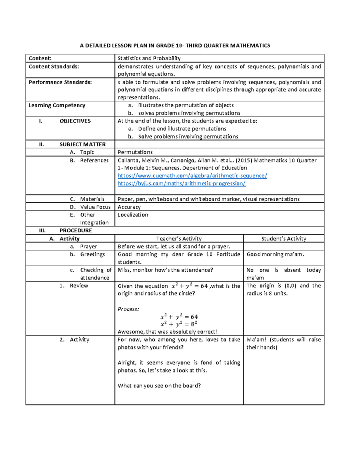 F EDUC 9 MT A Detailed Lesson PLAN IN Grade 10 - A DETAILED LESSON PLAN ...