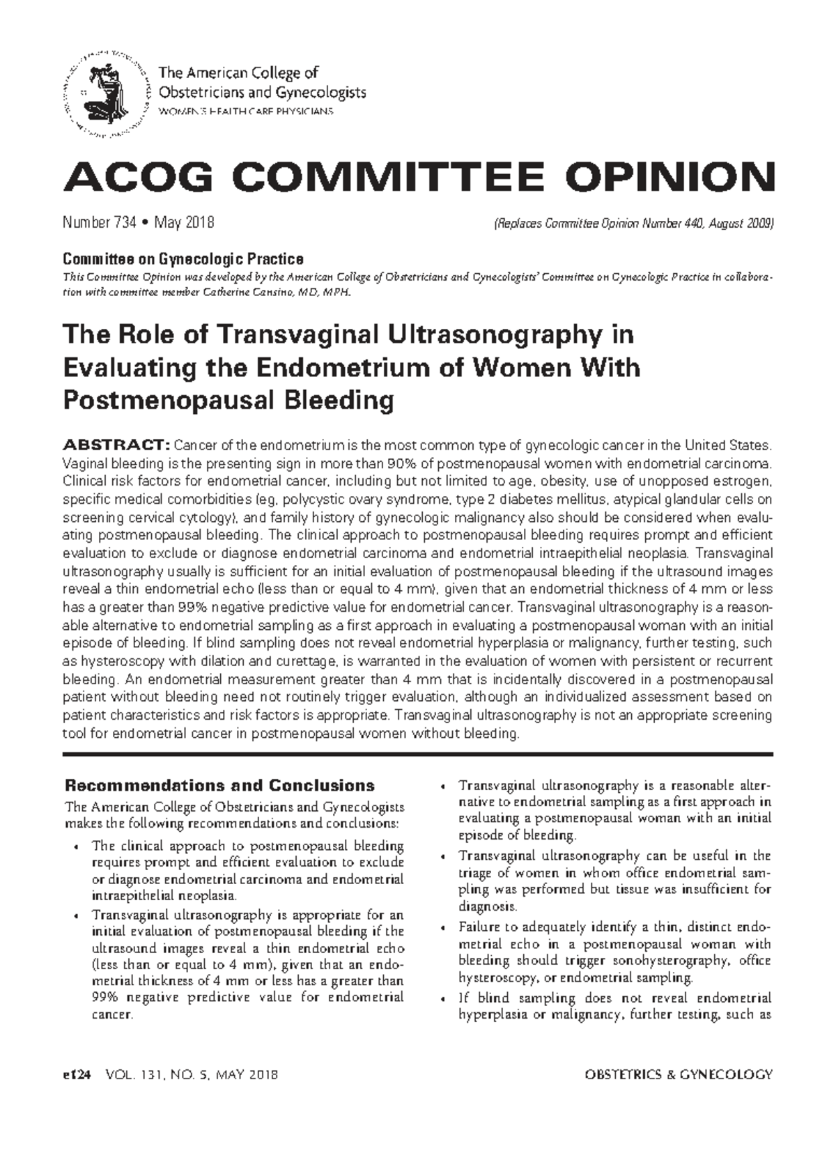 ACOG COMMITTEE OPINION 734: Transvaginal Ultrasound for Postmenopausal ...