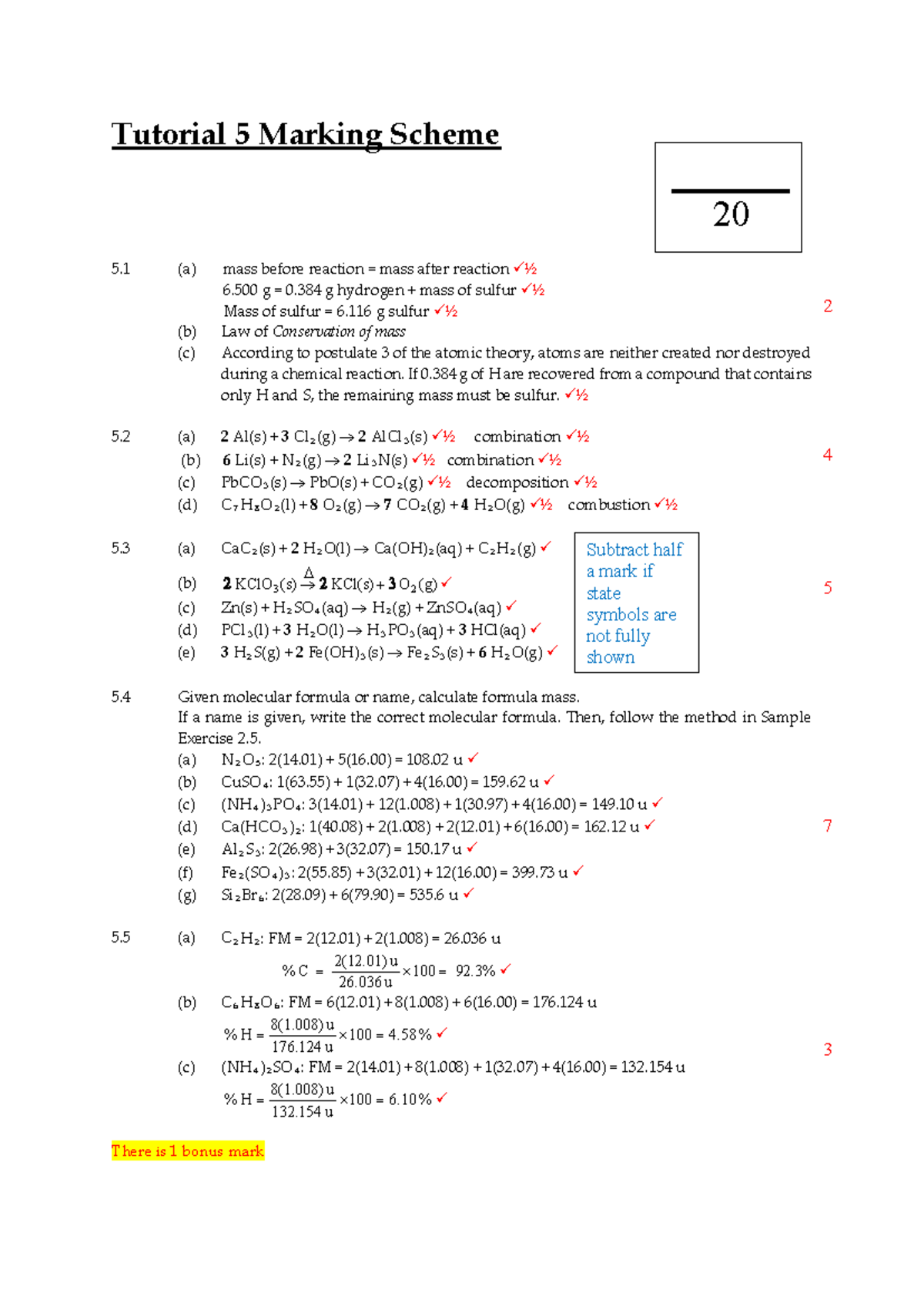 Tutorial 5 Marking Scheme - Tutorial 5 Marking Scheme 5 (a) mass before ...