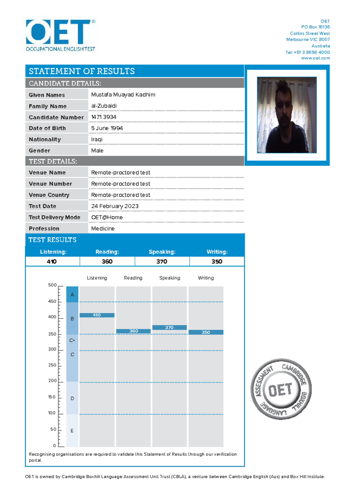 OET Medicine Test Results - Candidate Mustafa Muayad Kadhim - Studocu