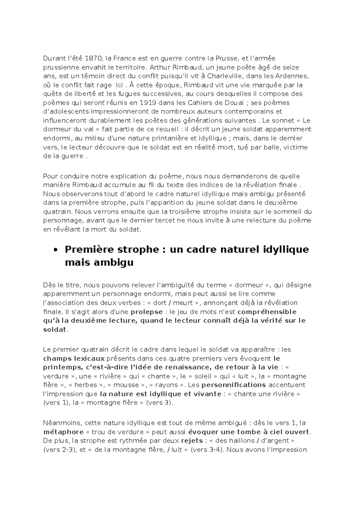 Analyse du poème "Le dormeur du val" de Rimbaud (FR 101) - Studocu